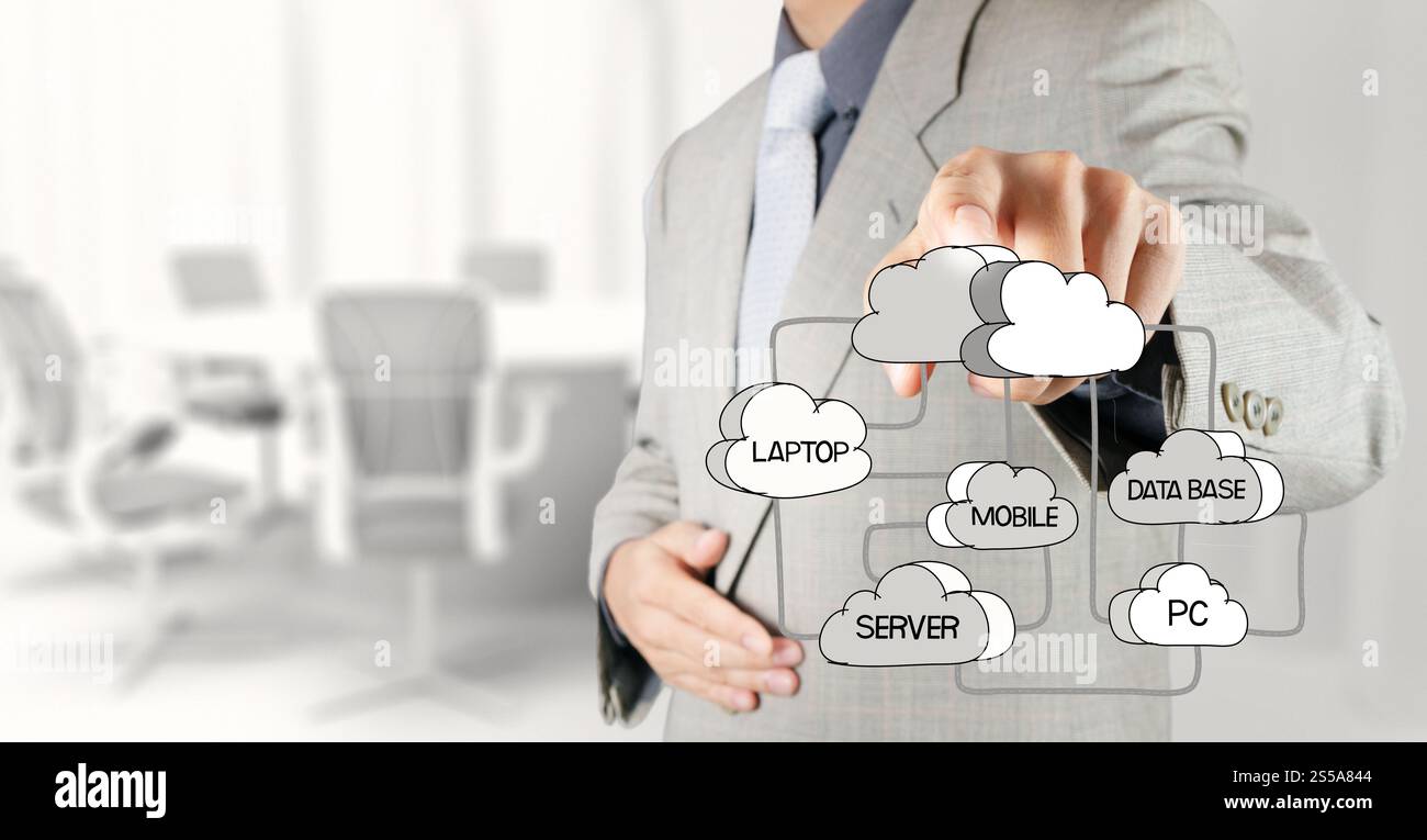 businessman hand drawing Cloud network diagram on the new computer ...