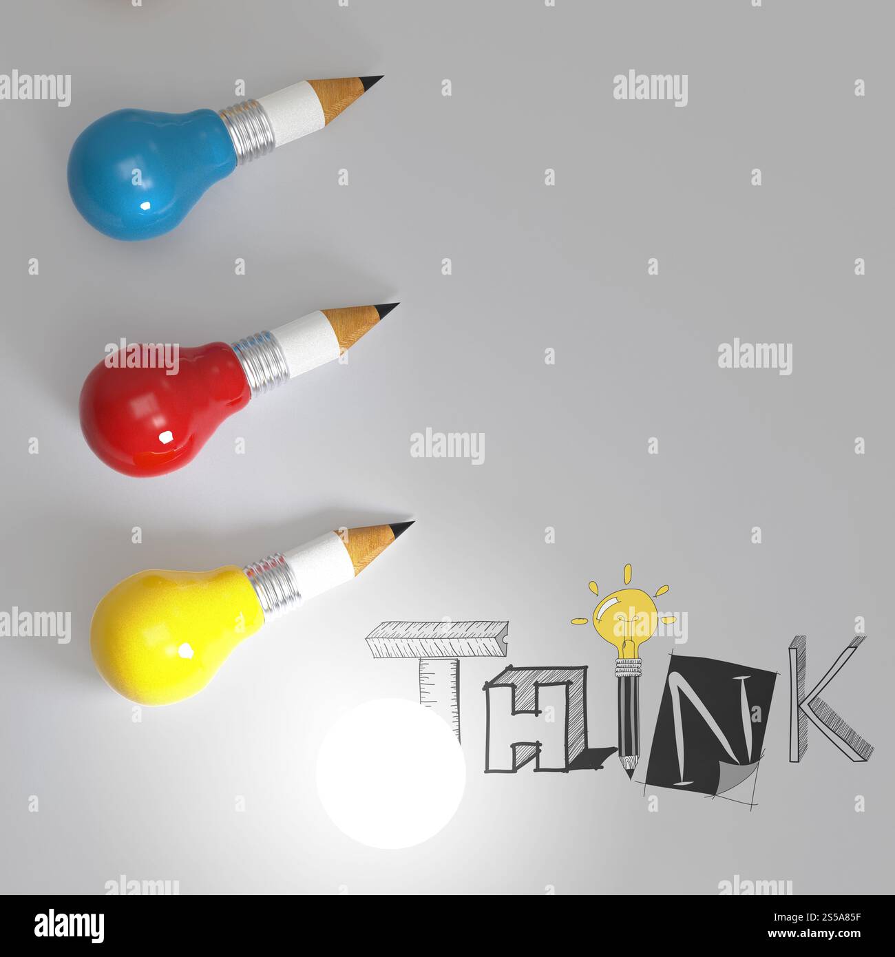 pencil lightbulb 3d and design word THINK as concept Stock Photo - Alamy