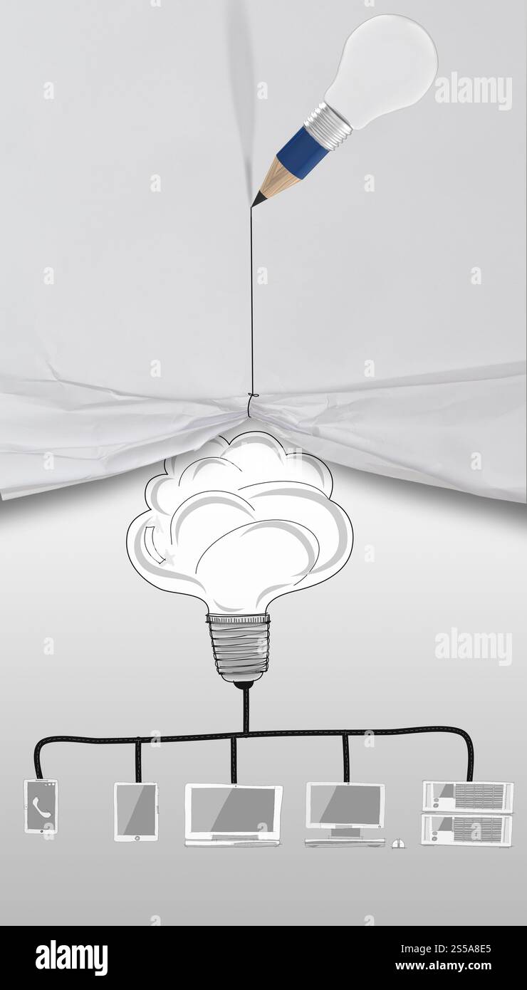 pencil lightbulb 3D draw rope open wrinkled paper show graphic cloud ...