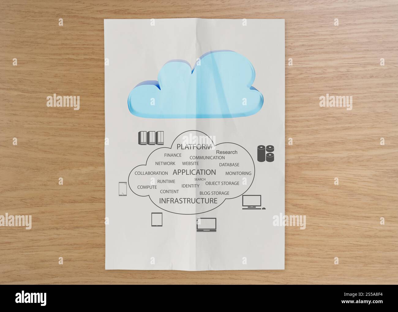 graphic cluod network diagram on crumpled paper with wooden board ...
