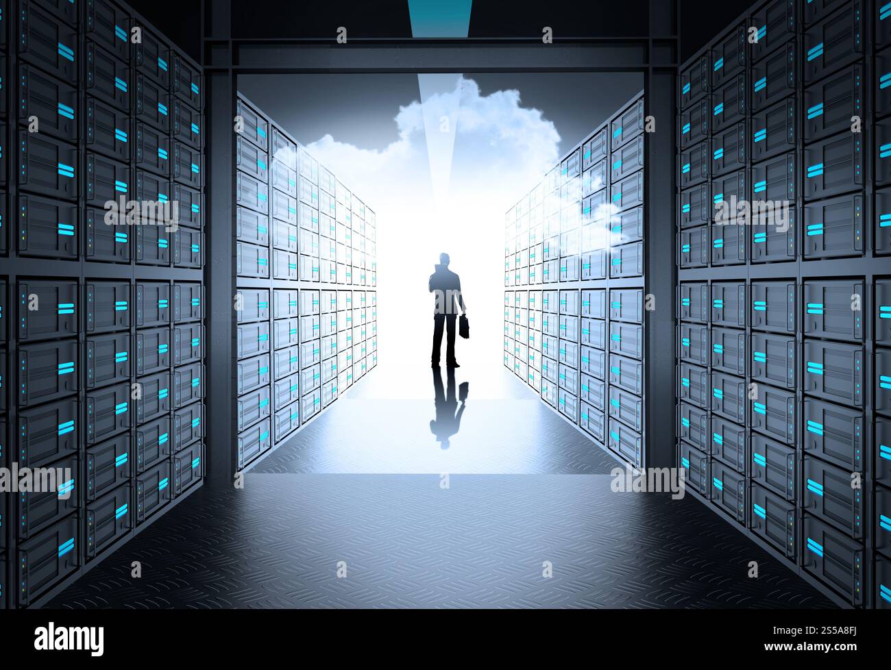 engineer business man in 3d network server room and cloud inside as ...