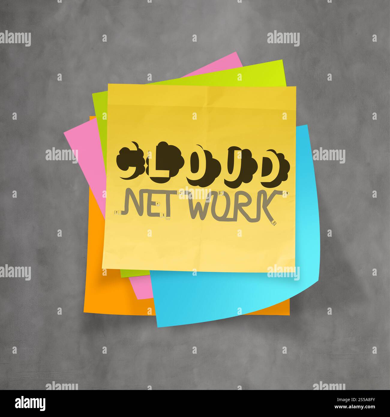 hand drawn CLOUD NETWORK on sticky note and texture background as ...
