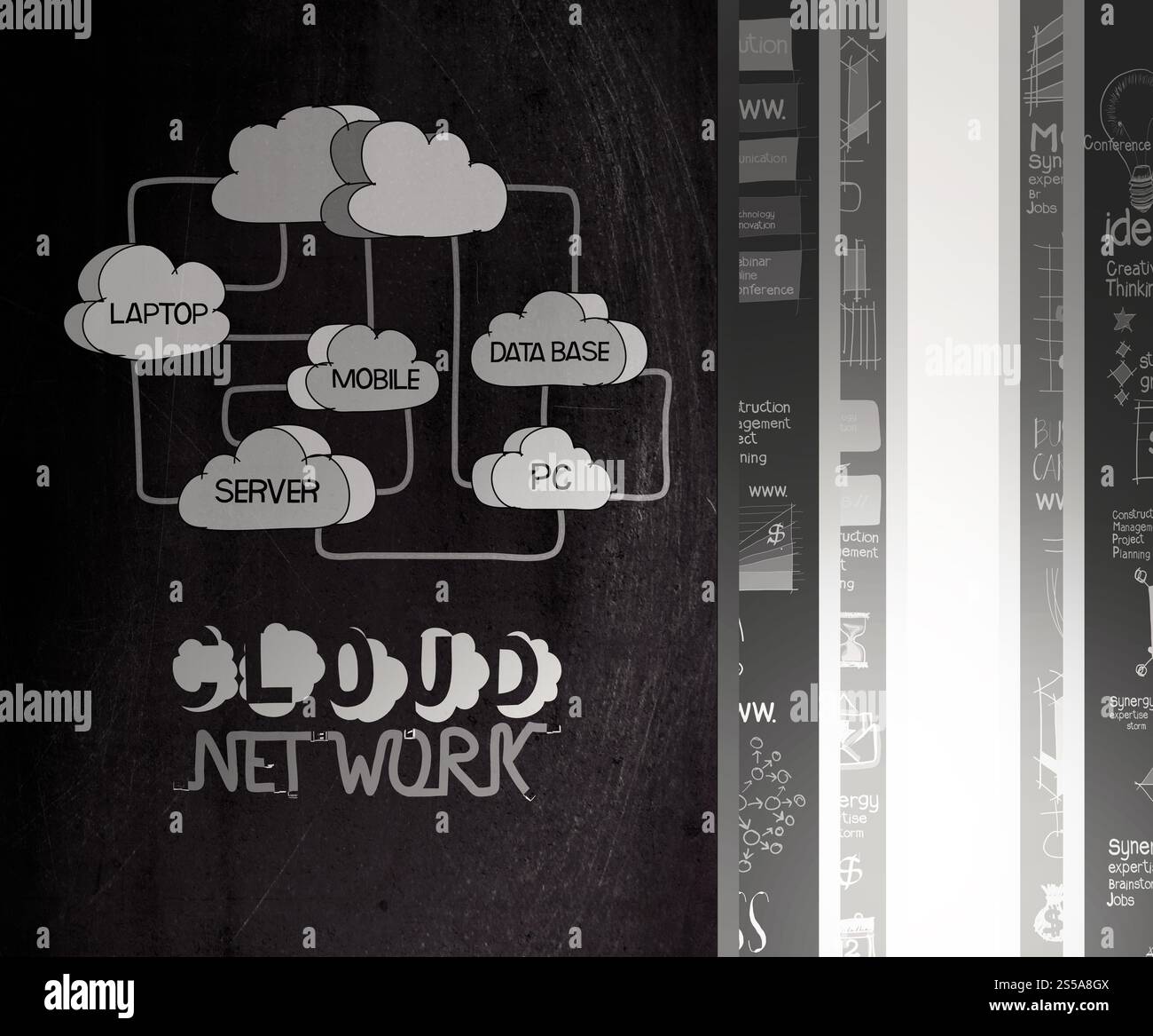 hand drawn Cloud network with light bulb doodle on dark wall background as concept Stock Photo ...