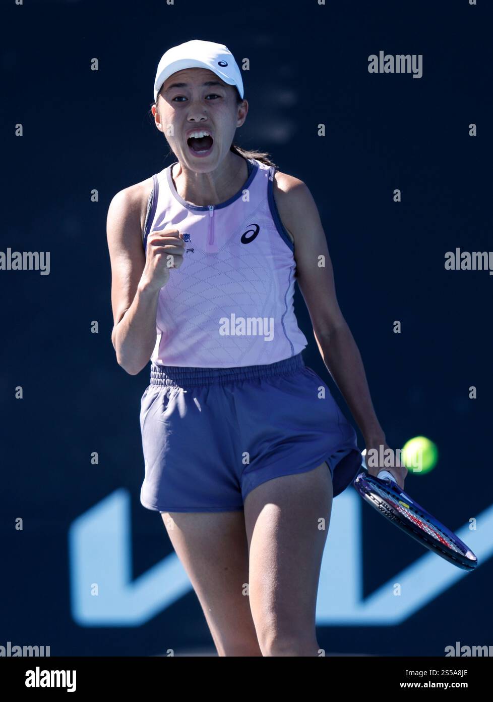 Melbourne, Australia. 14th Jan, 2025. Zhang Shuai celebrates scoring ...