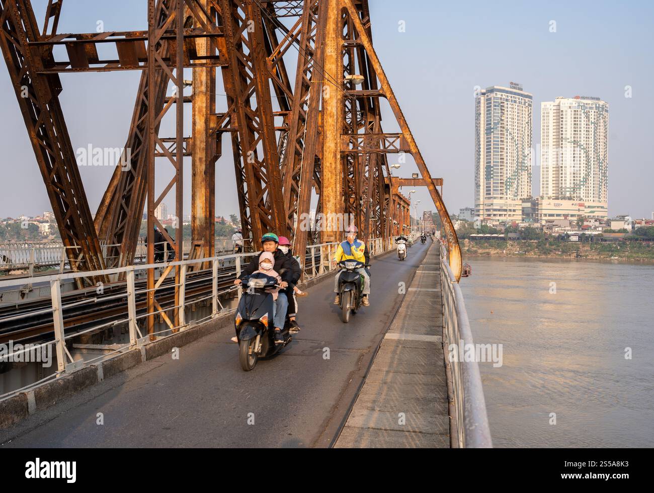 Vietnamese Motorbike Driver at the Long Bien Bridge in Hanoi City ...