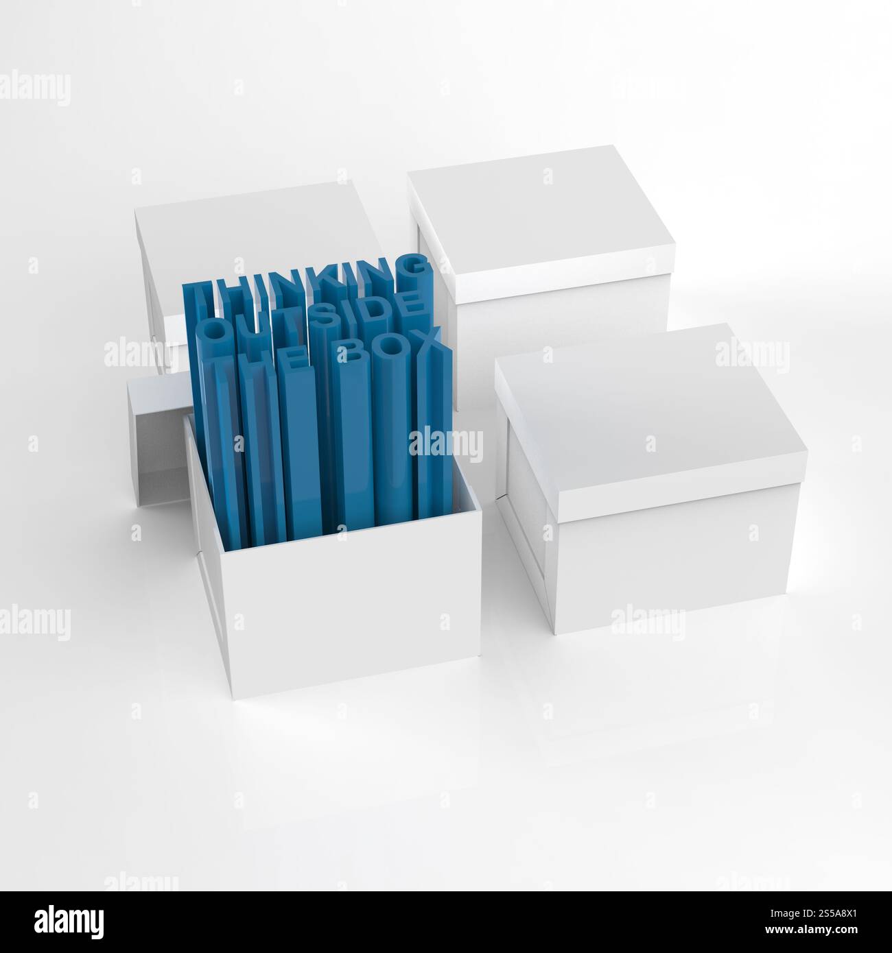 3d open box with extrude text as thinking outside the box concept Stock ...