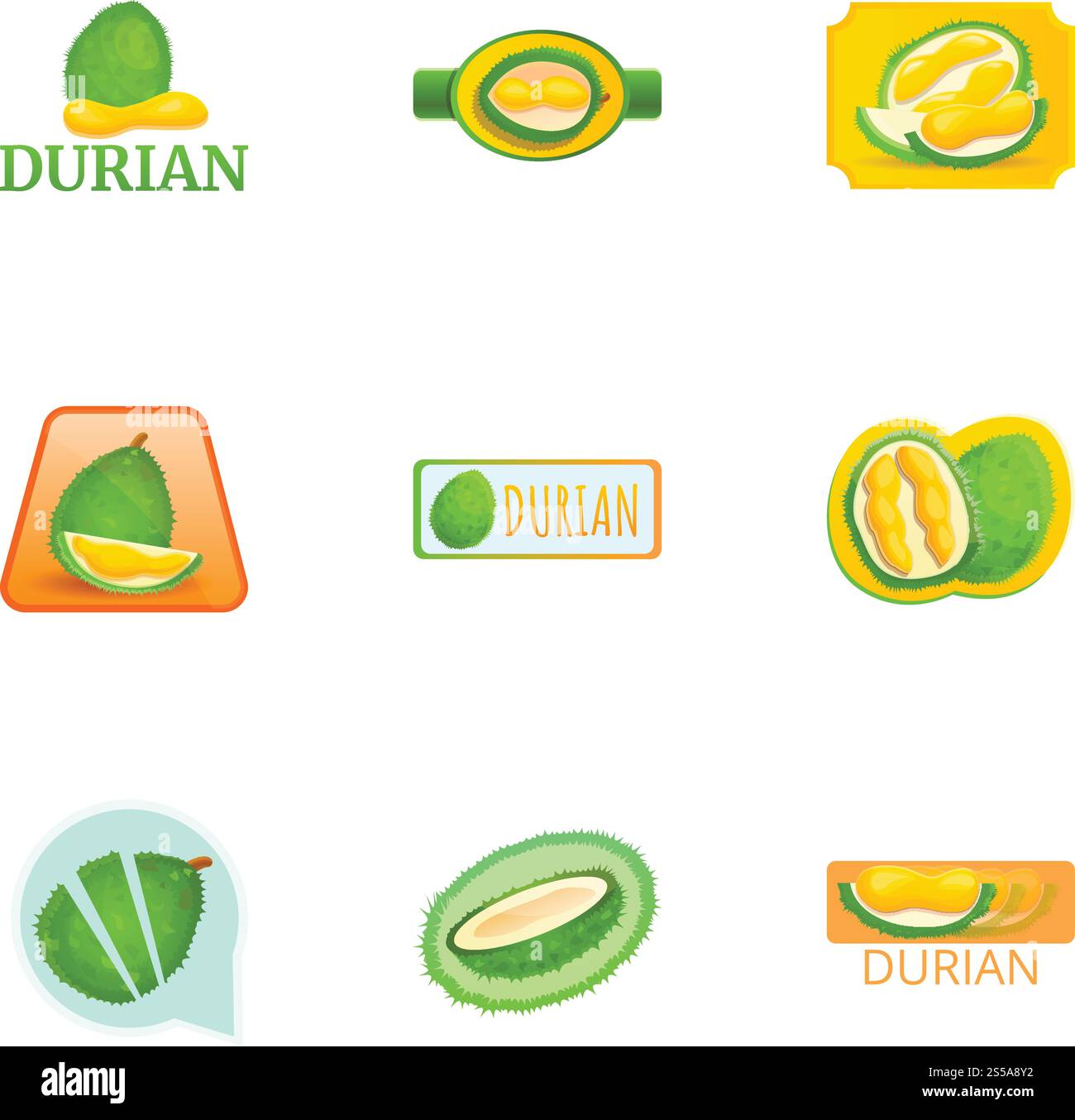 Juice durian logo set. Cartoon set of 9 juice durian vector logo for ...