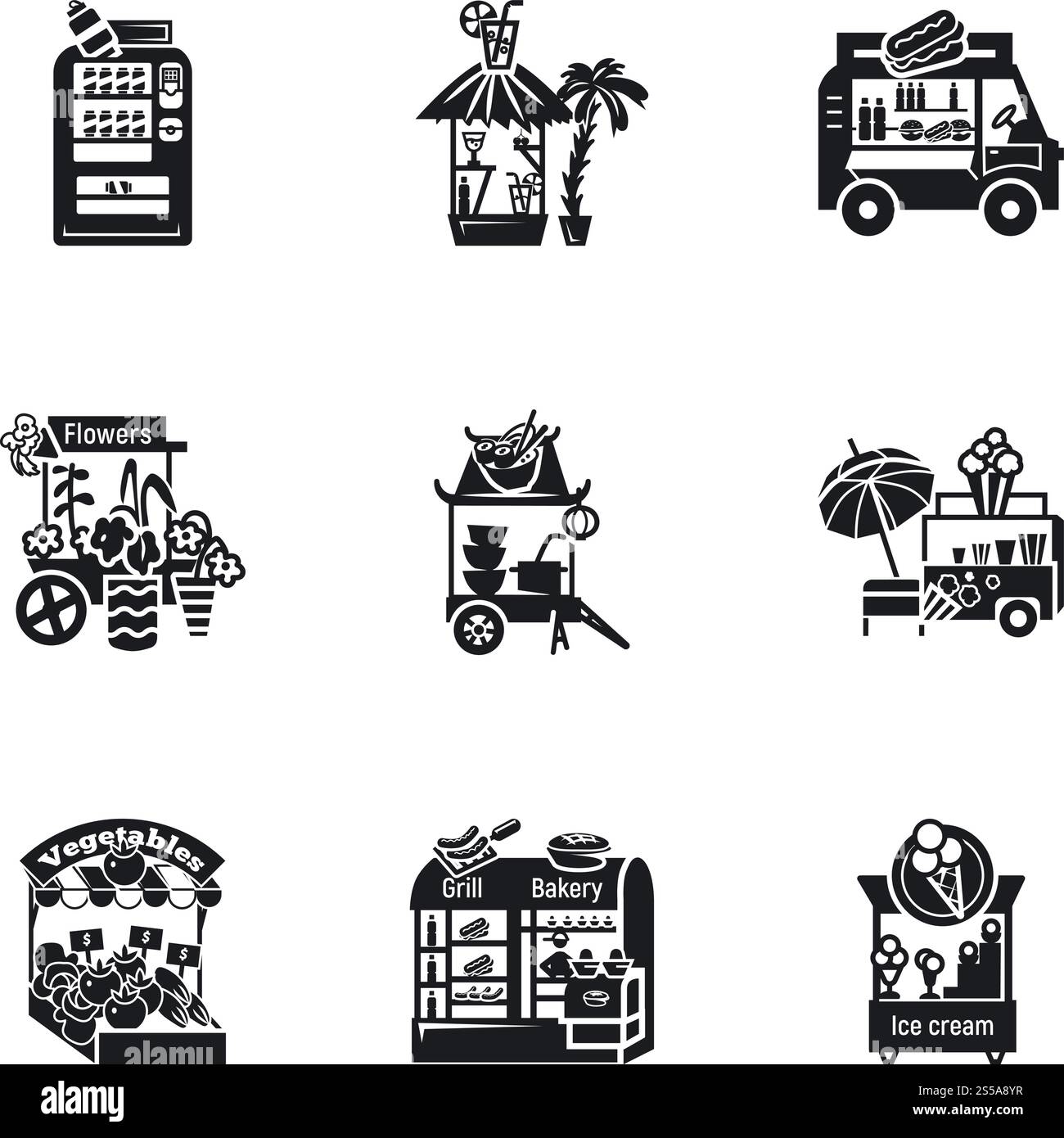 Street food kiosk icon set. Simple set of 9 street food kiosk vector ...