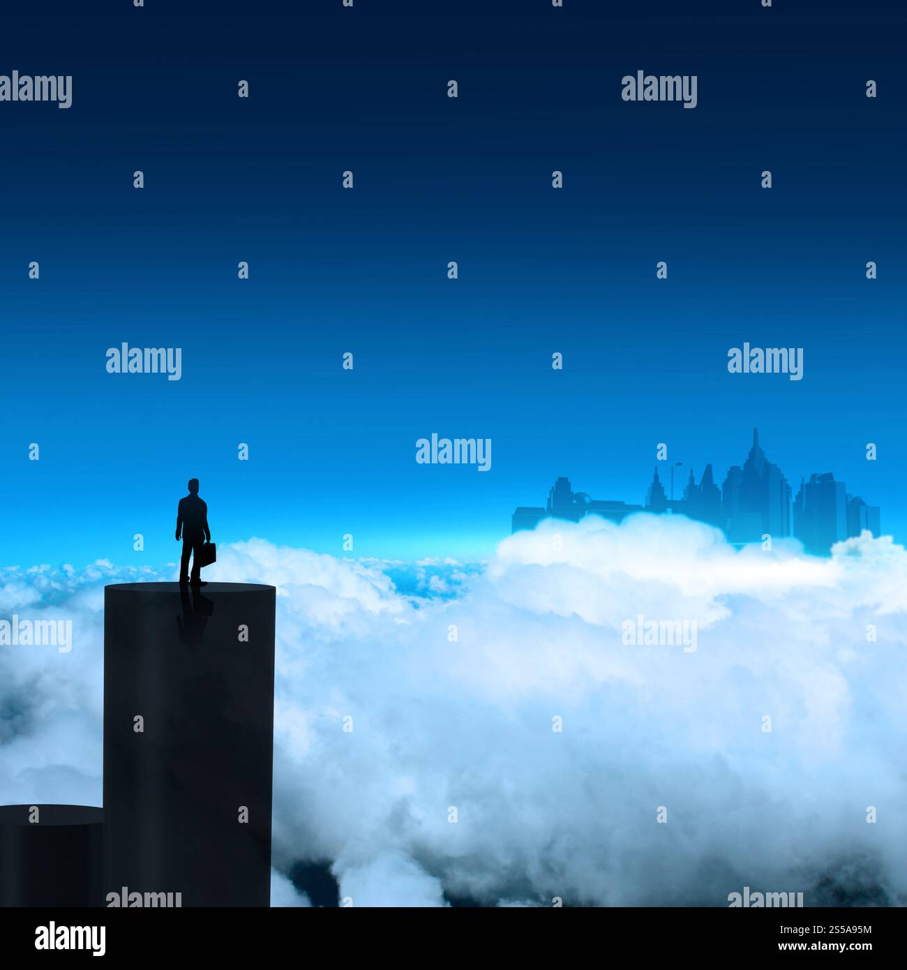 businessman stands successfully on building top Looking Towards the ...