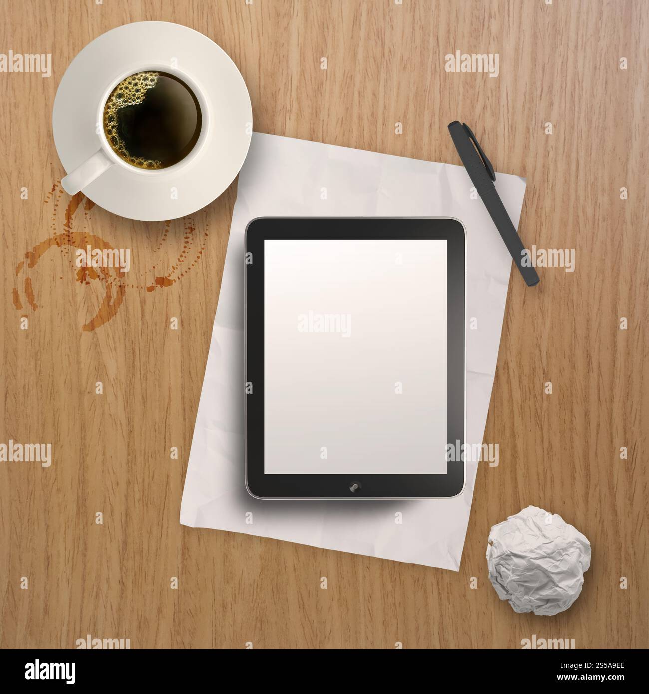3d empty tablet and a cup of coffee on the wooden desk Stock Photo - Alamy