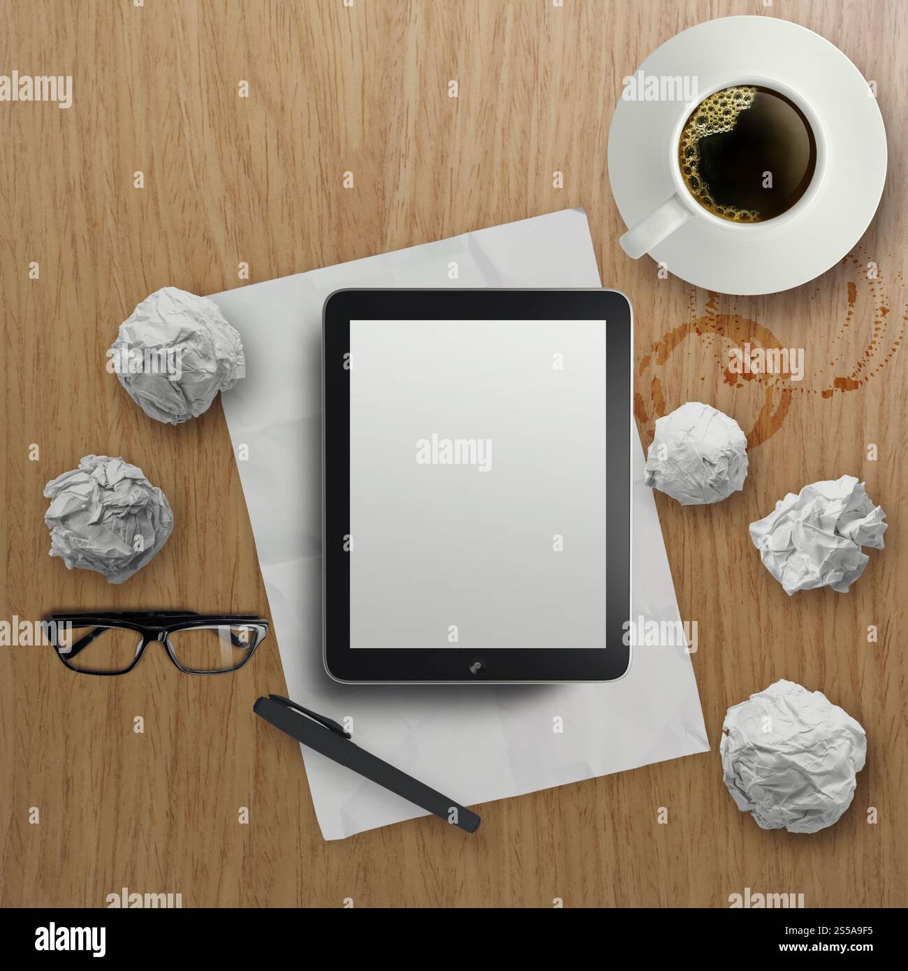 3d empty tablet and a cup of coffee on the wooden desk Stock Photo - Alamy