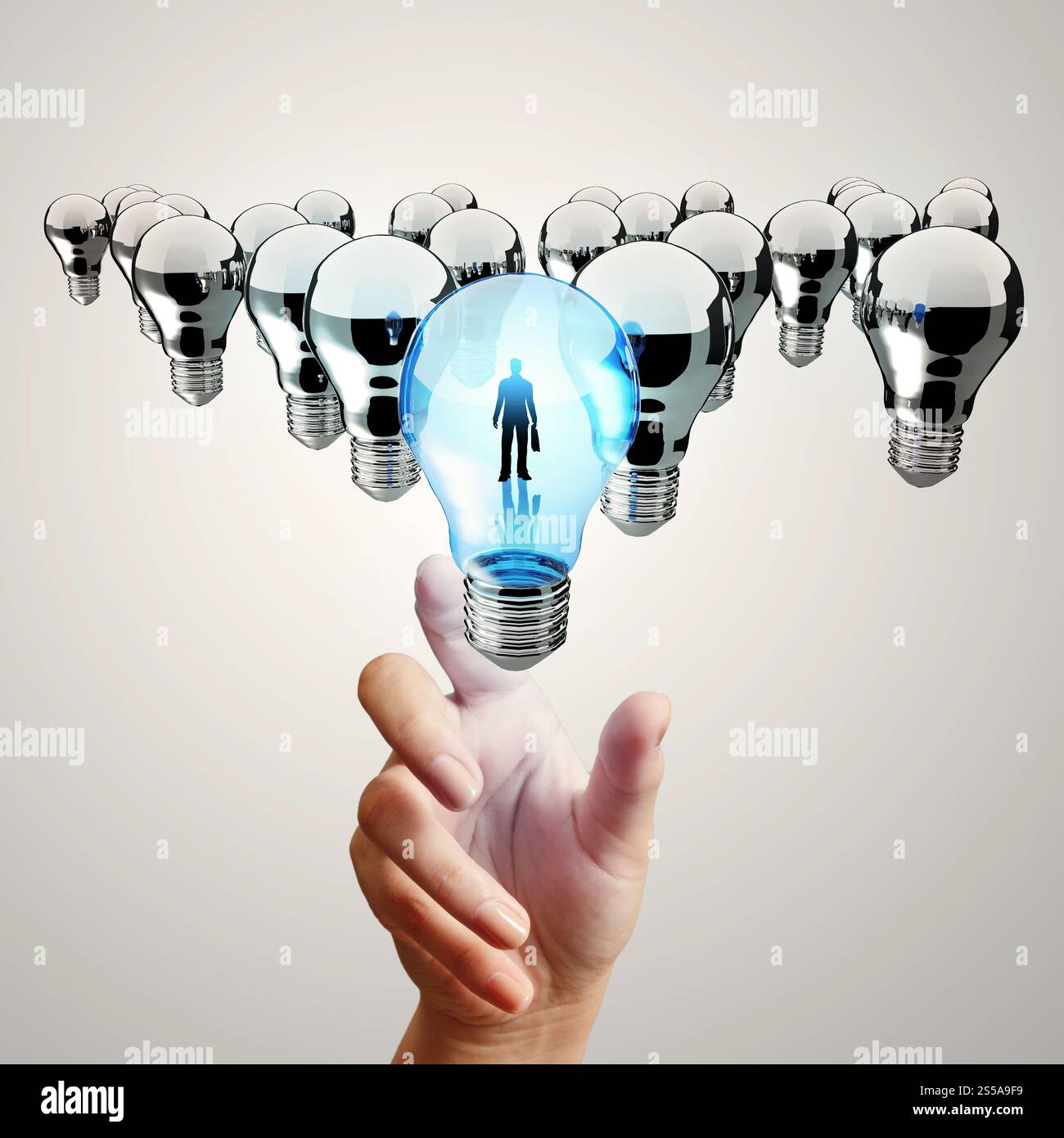 hand reach 3d light bulb of leadership concept Stock Photo - Alamy