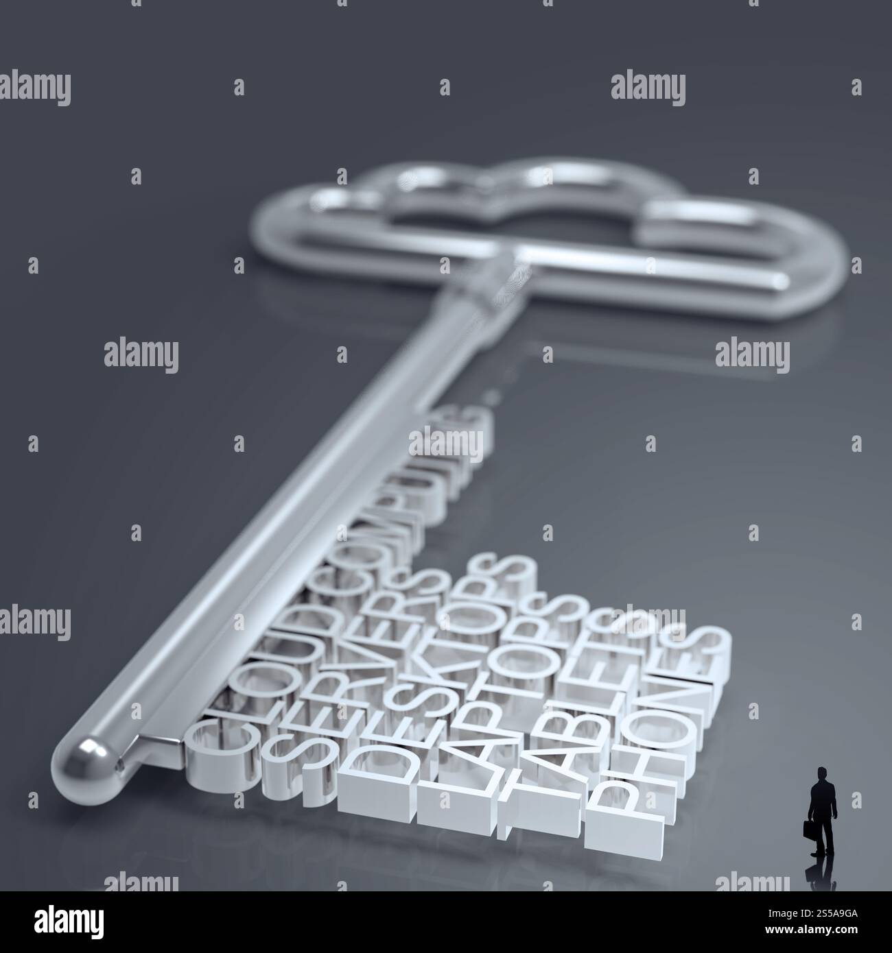 businessman walking to Cloud computing diagram with metallic cloud and ...