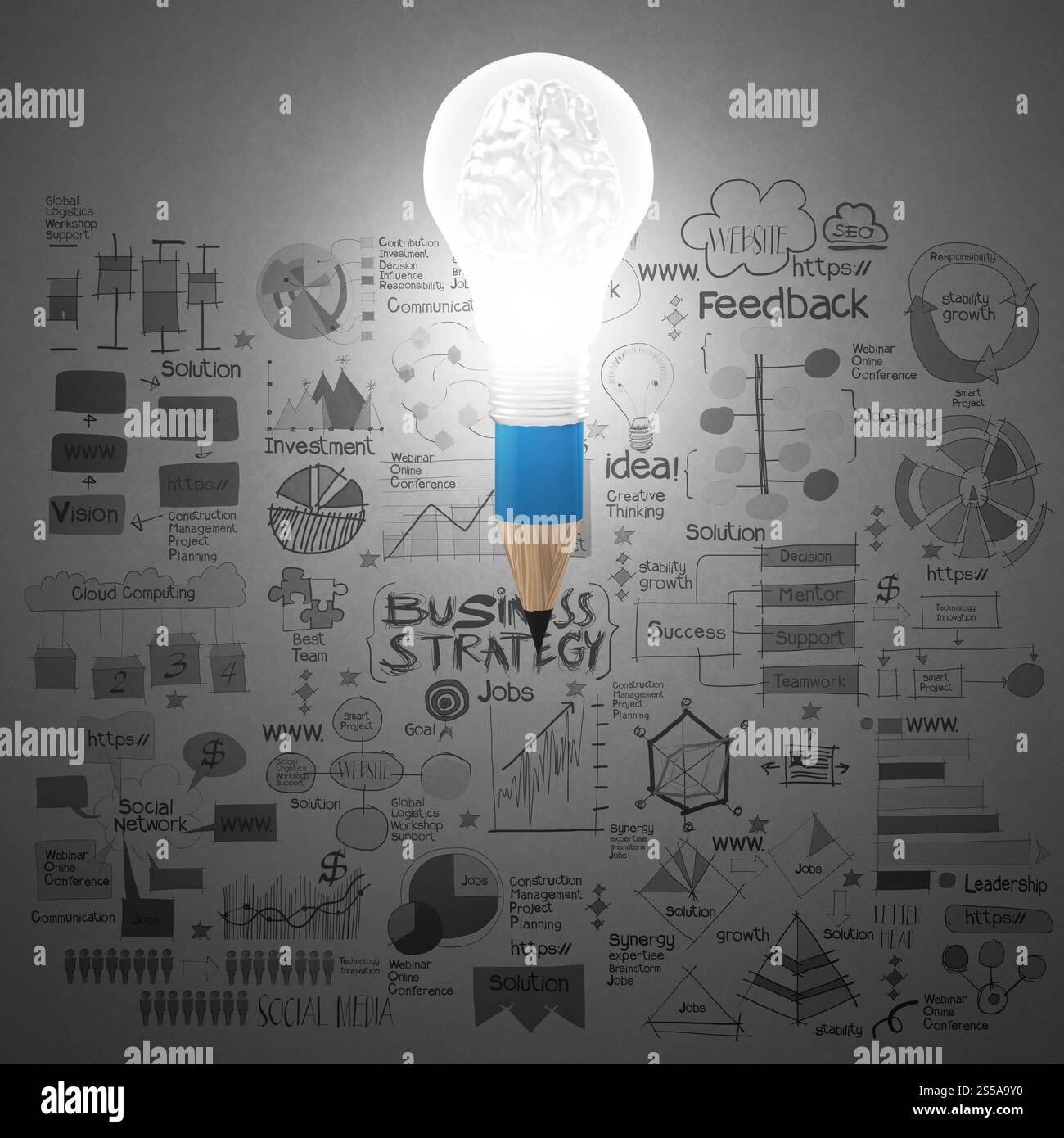 3d metal human brain inside pencil light bulb with business strategy as ...