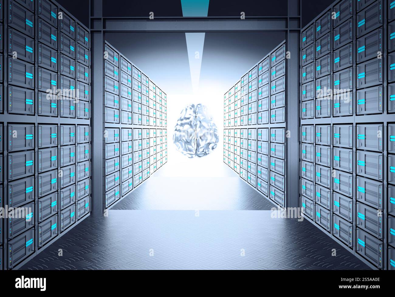 3d server room leading to metal human brain icon as concept Stock Photo ...