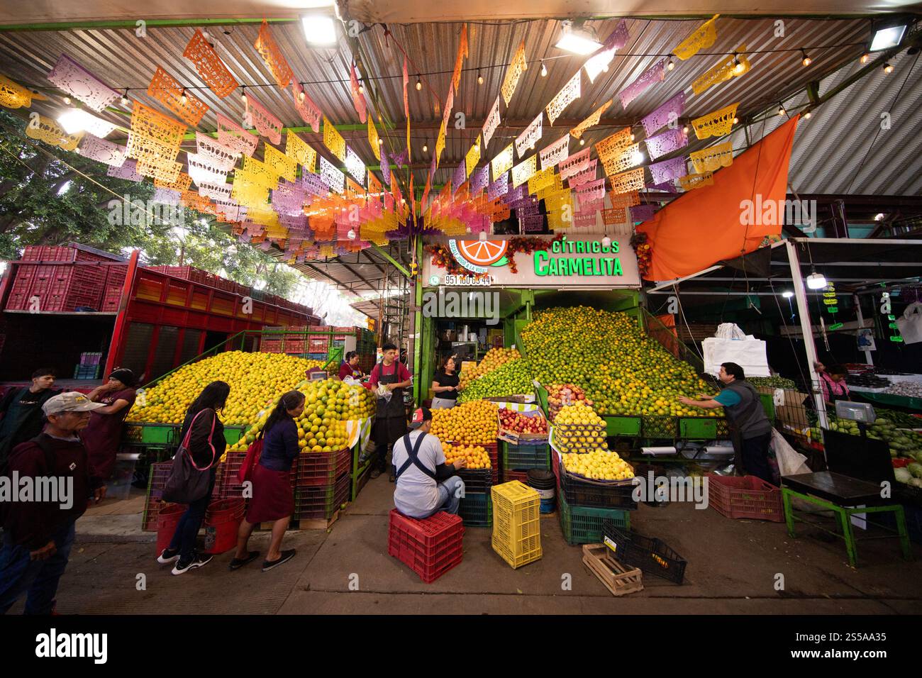 Oaxaca, Mexico; 1st January 2025: Wholesale fruit and vegetable stalls ...