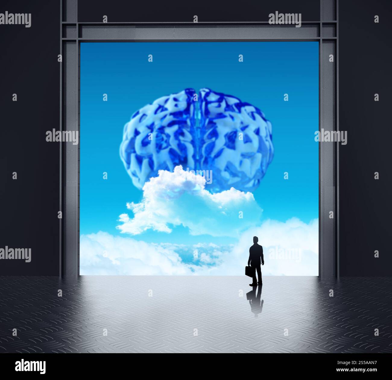silhouette businessman looking to brain as cloud icon concept Stock ...