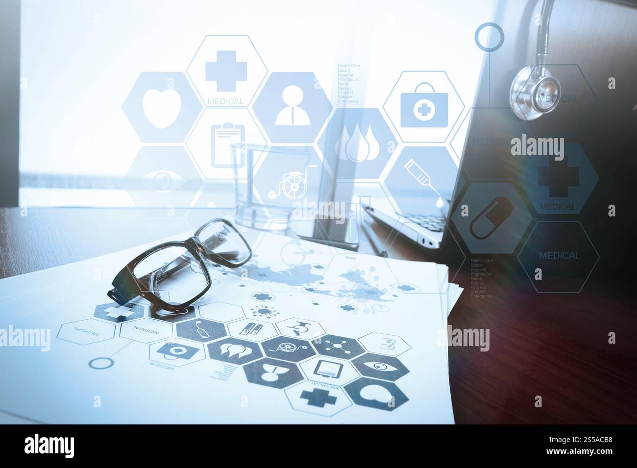 Doctor workspace with laptop computer in medical workspace office and ...