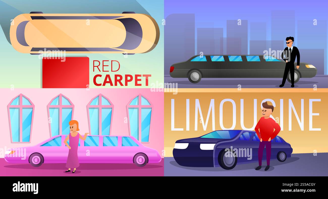 Limousine banner set. Cartoon illustration of limousine vector banner ...