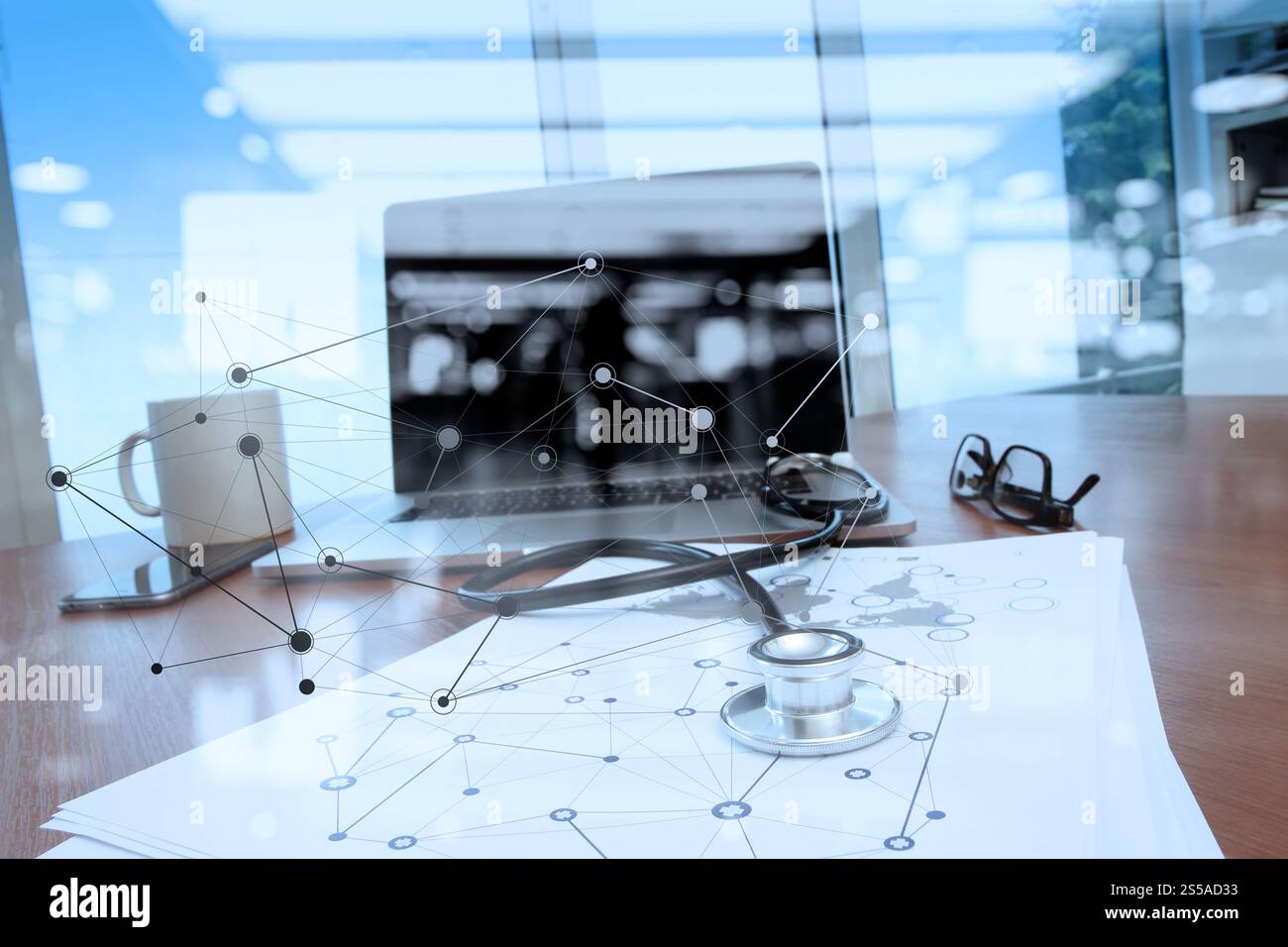 Doctor workspace with laptop computer in medical workspace office and ...