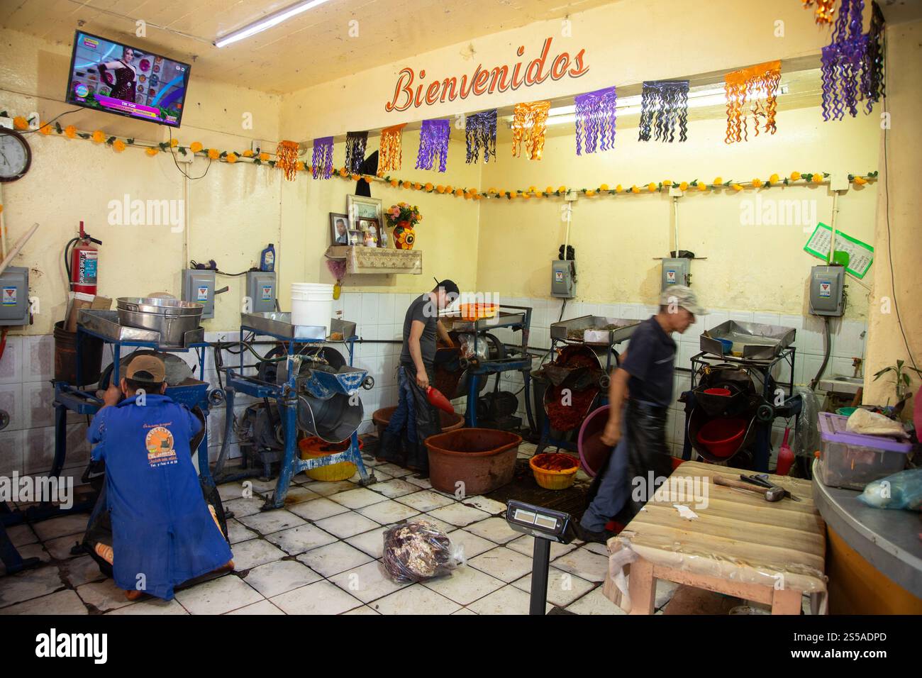 Oaxaca, Mexico; 1st January 2025: Machinery producing Mexican red mole ...