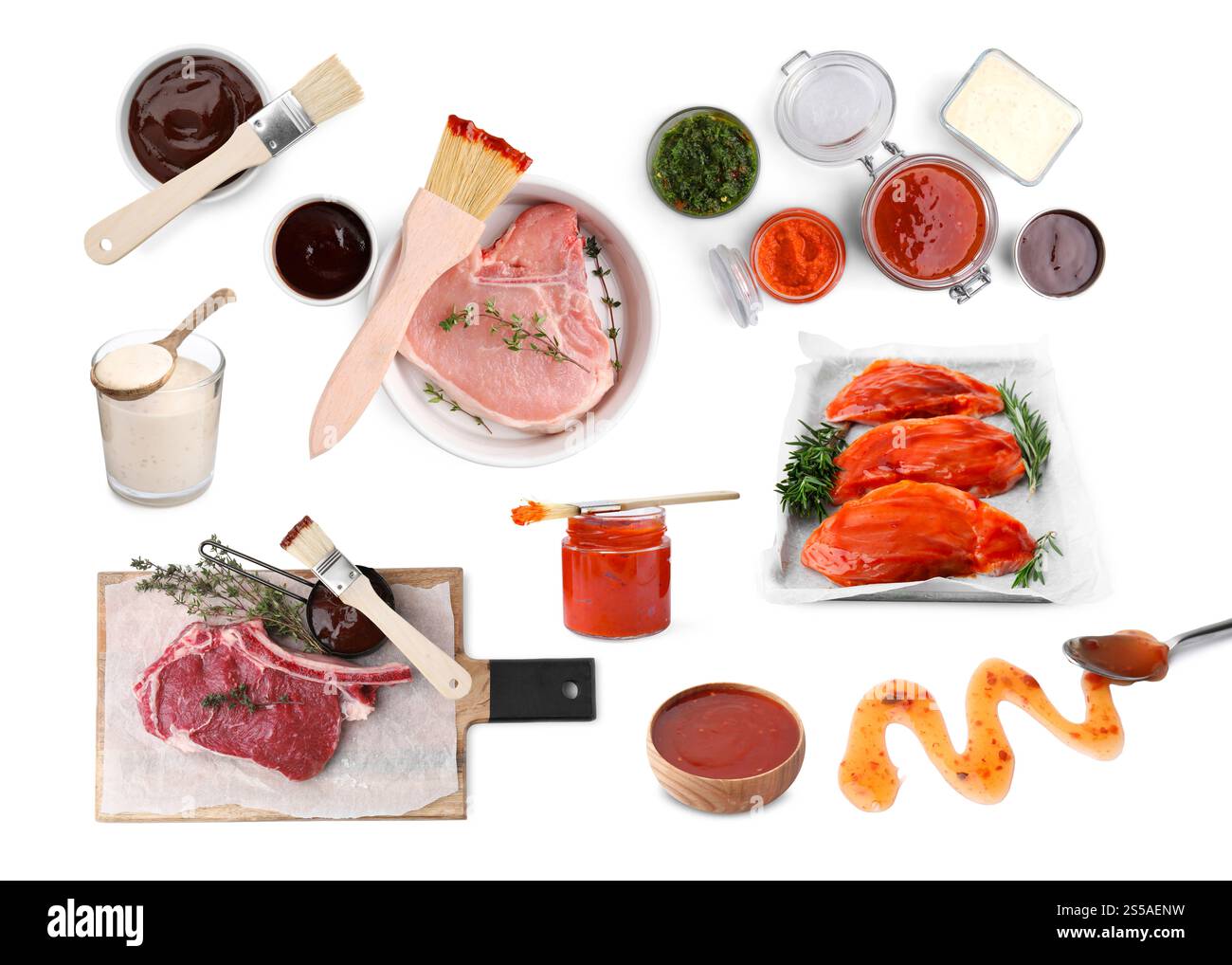 Marinade sauces and different types of marinated meat on white ...