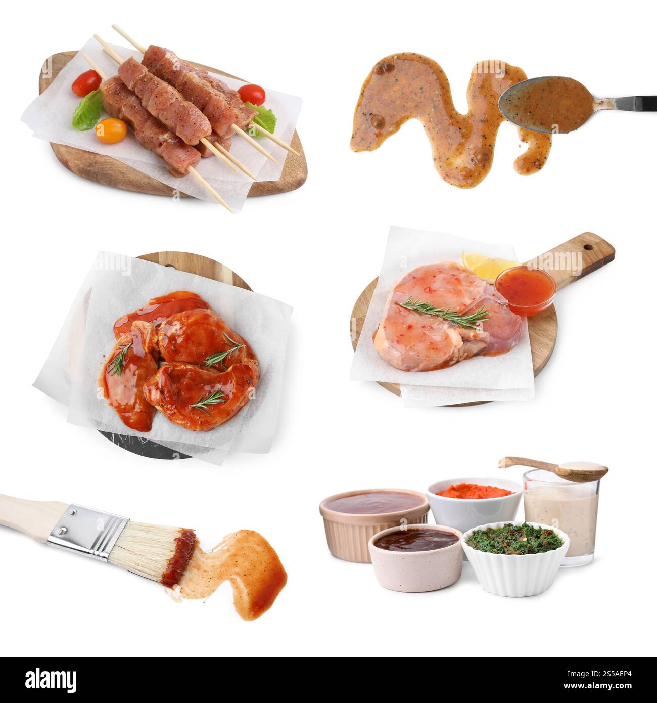 Marinade sauces and different types of marinated meat on white ...