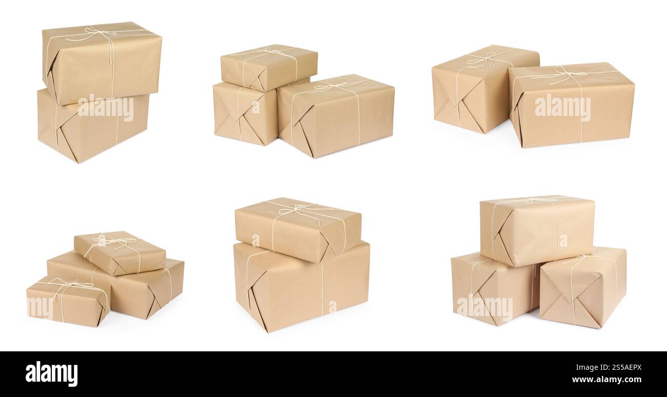 Many different parcels isolated on white, set Stock Photo - Alamy