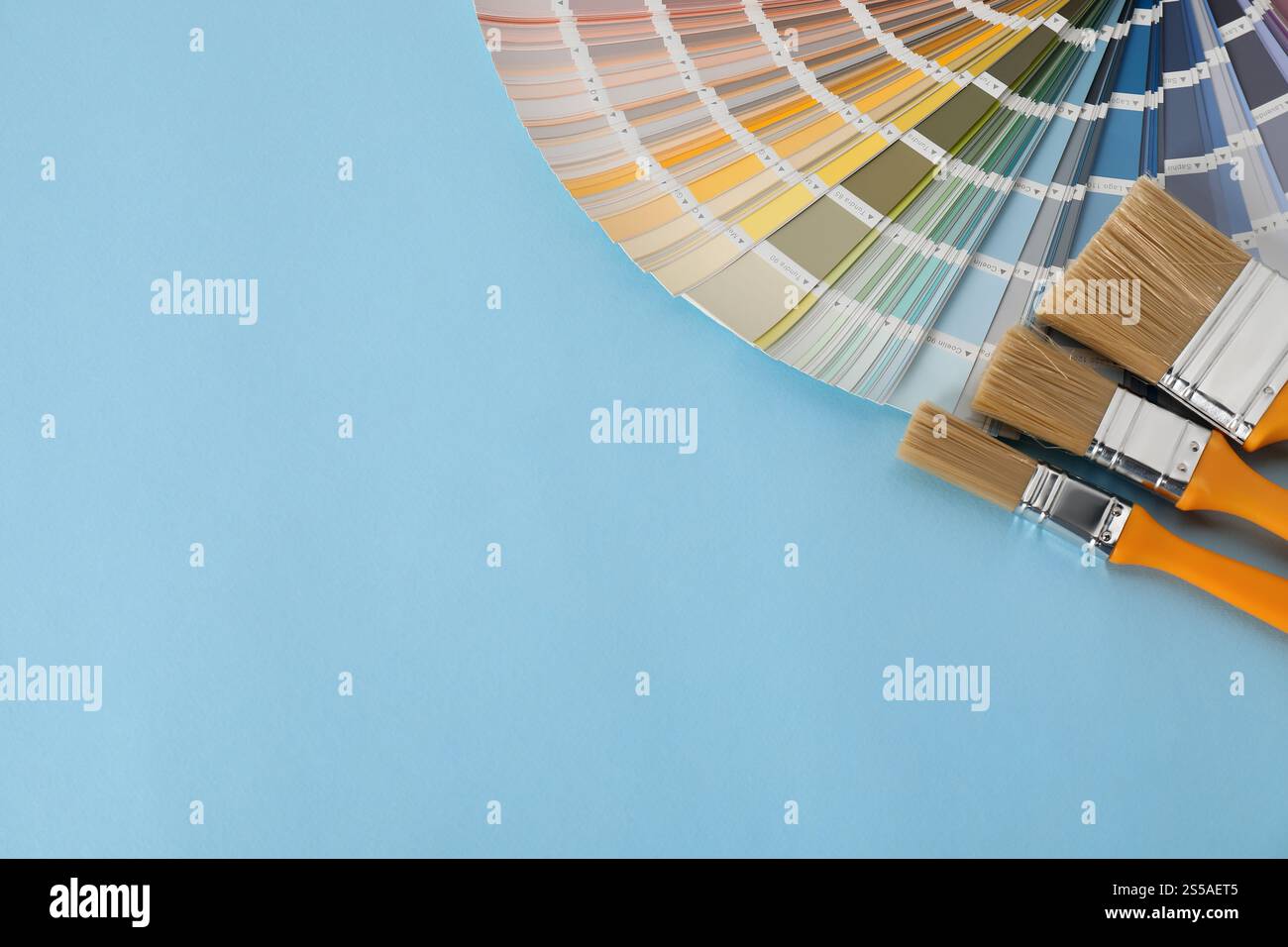 Color selection charts and paint brushes on light blue table, space for ...