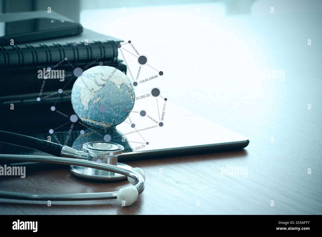 stethoscope and texture globe with digital tabletwith social media ...