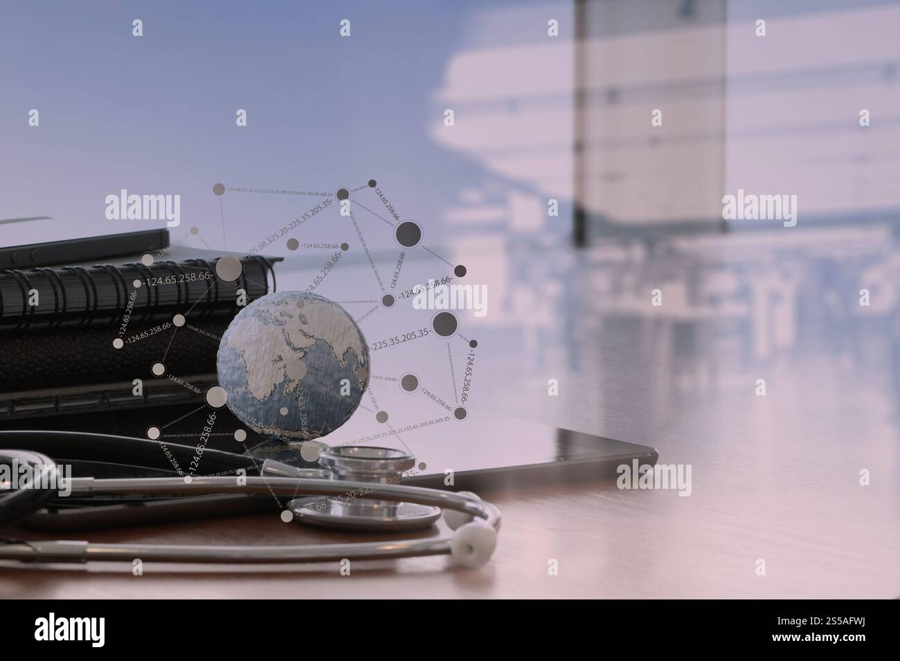 double exposure of stethoscope and texture globe with digital tablet ...