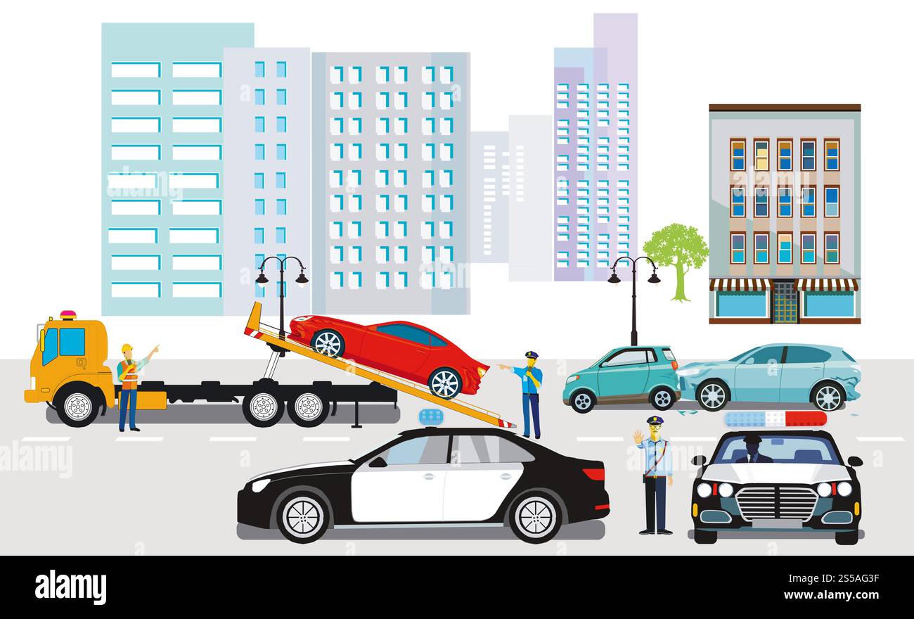 Police operation after an accident and police officers, illustration ...