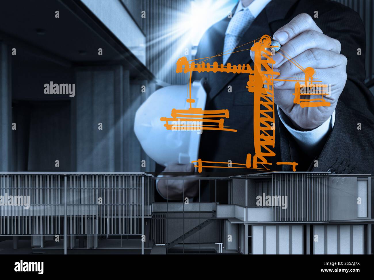 engineer hand working with new computer interface show building ...