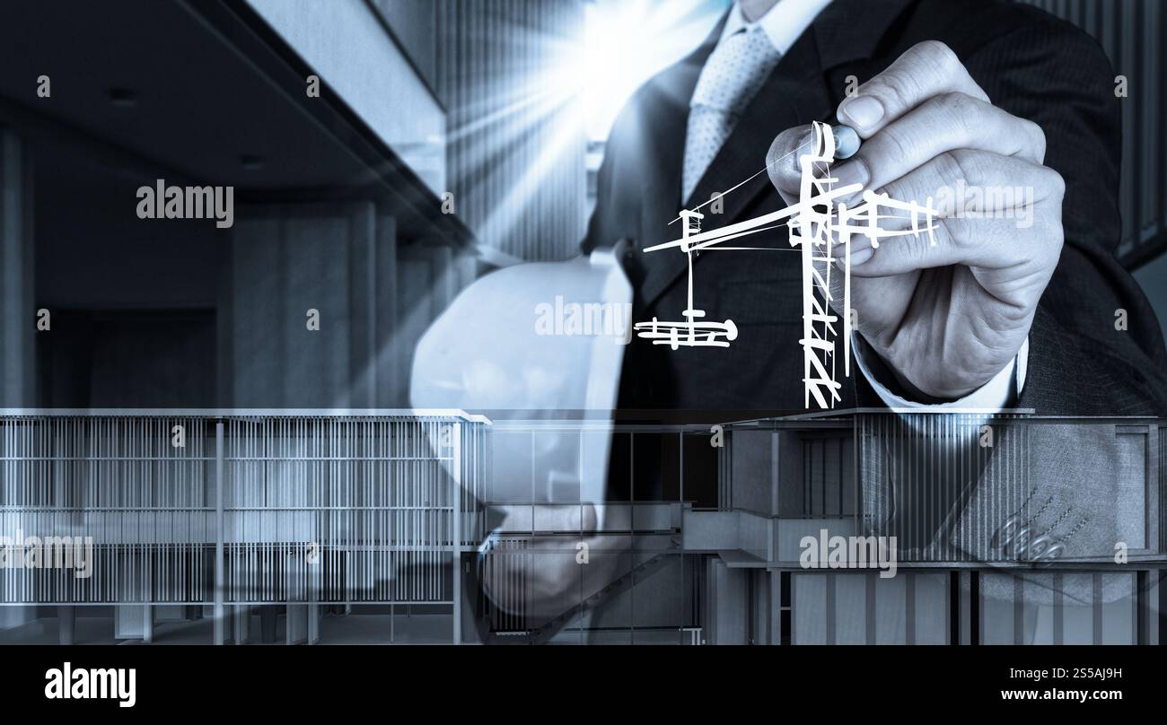 engineer hand working with new computer interface show building ...