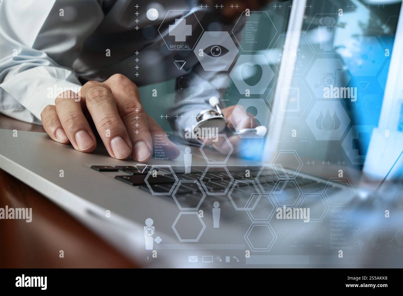 Medicine doctor hand working with modern computer and medical diagram ...
