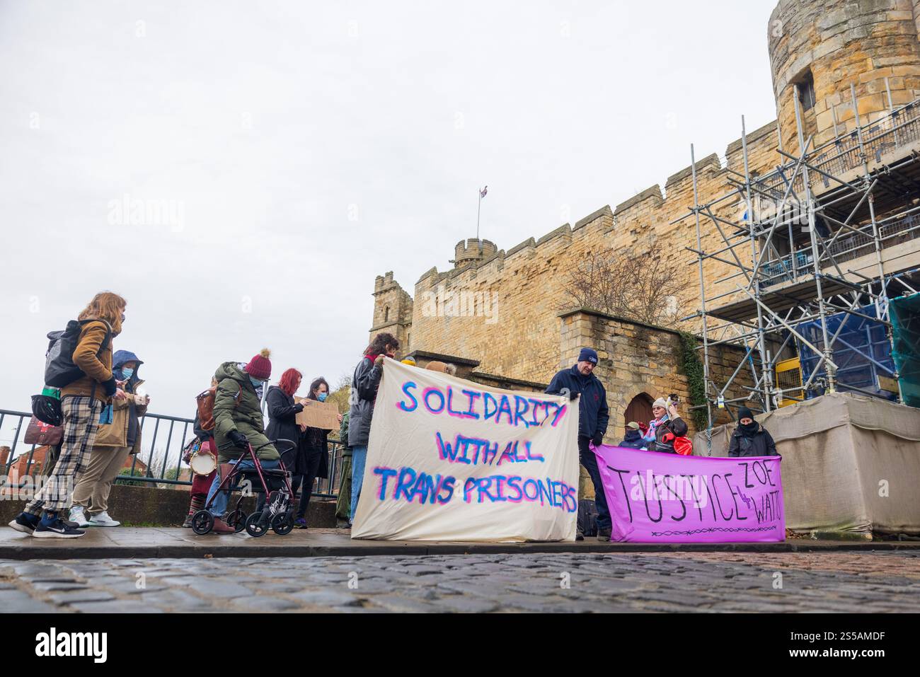 Lincoln, UK. 13 JAN, 2025. Activists gather outside Lincoln crown court ...