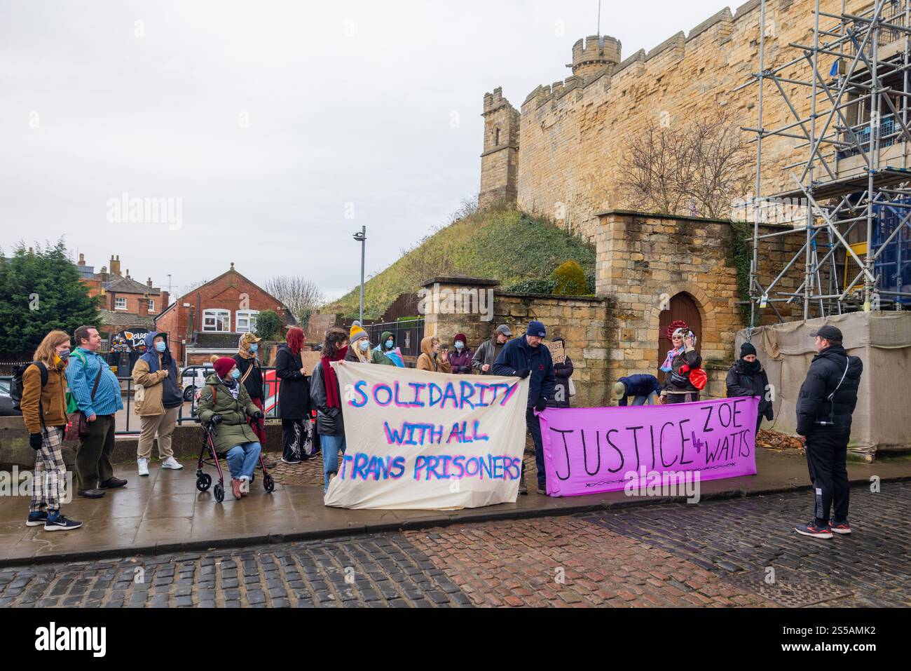 Lincoln, UK. 13 JAN, 2025. Activists gather outside Lincoln crown court ...