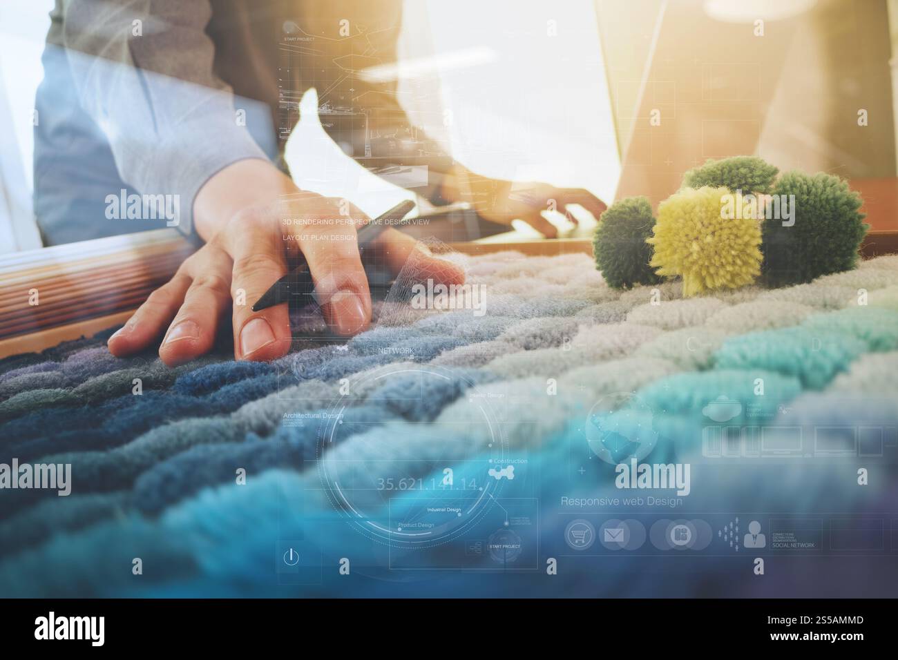 Interior designer hand chosing carpet sample with blank new modern ...