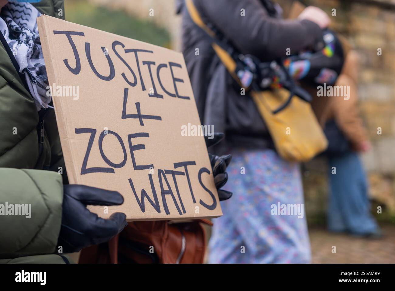 Lincoln, UK. 13 JAN, 2025. "Justice 4 Zoe Watts" sign as activists ...