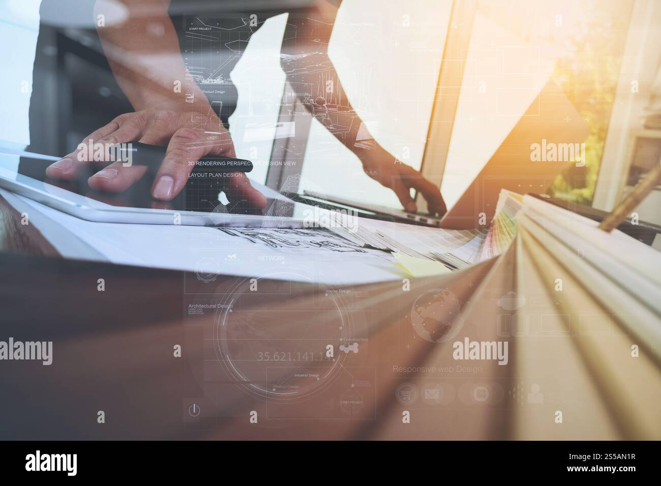 Interior designer hand working with new modern computer laptop and pro ...