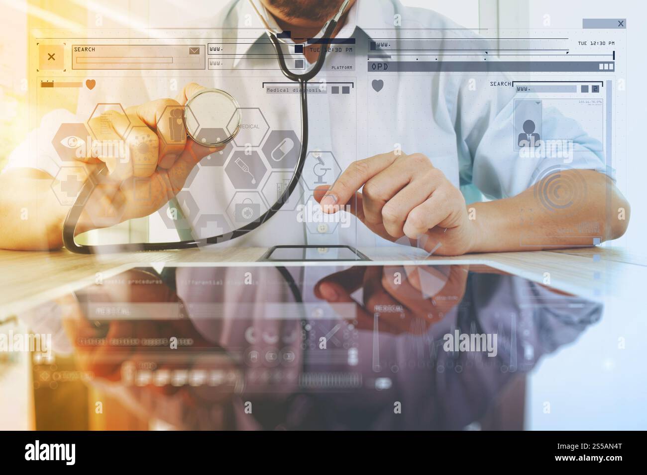 Medicine doctor hand holding stethoscope with modern computer interface ...