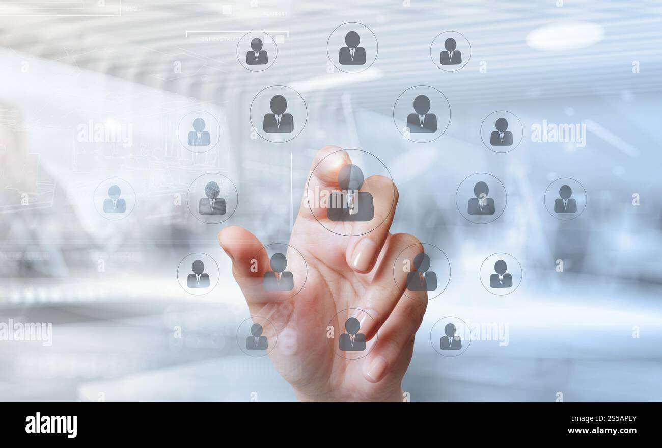 double exposure of businessman hand points the human resources, CRM and ...