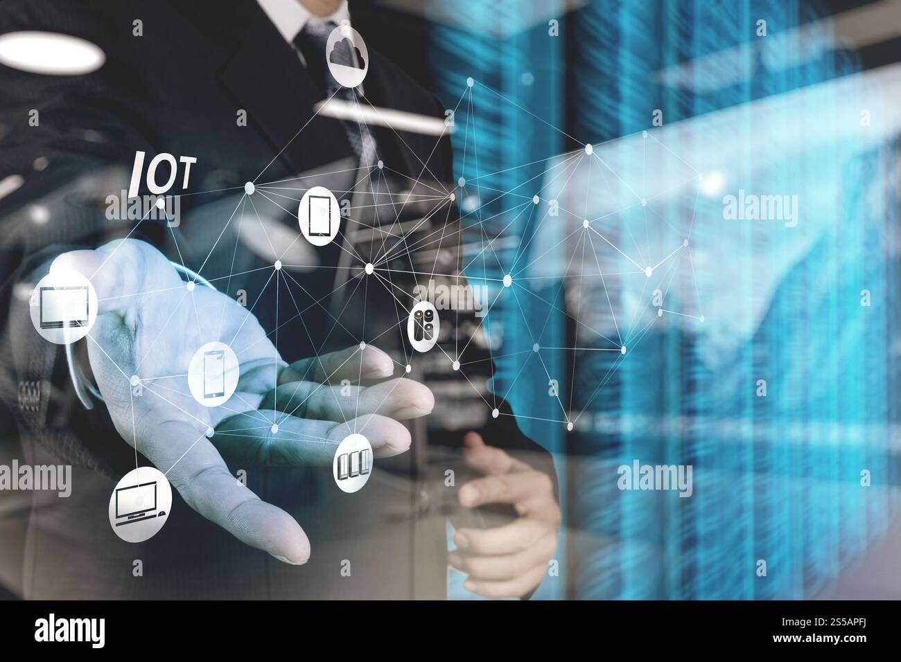 double exposure of hand showing Internet of things (IoT) word diagram ...