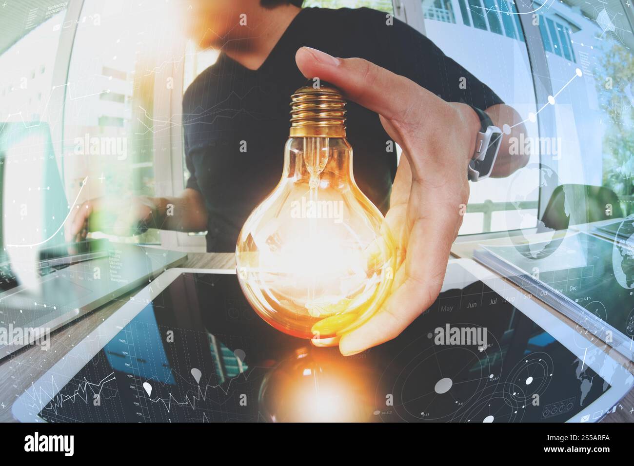designer hand showing creative business strategy with light bulb as ...