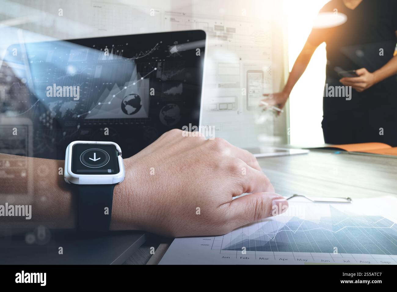business presentation meeting on office table with smart watch and ...