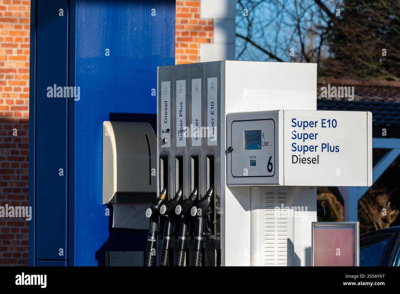 Gasoline or petrol station with multiple pump options for various fuel ...