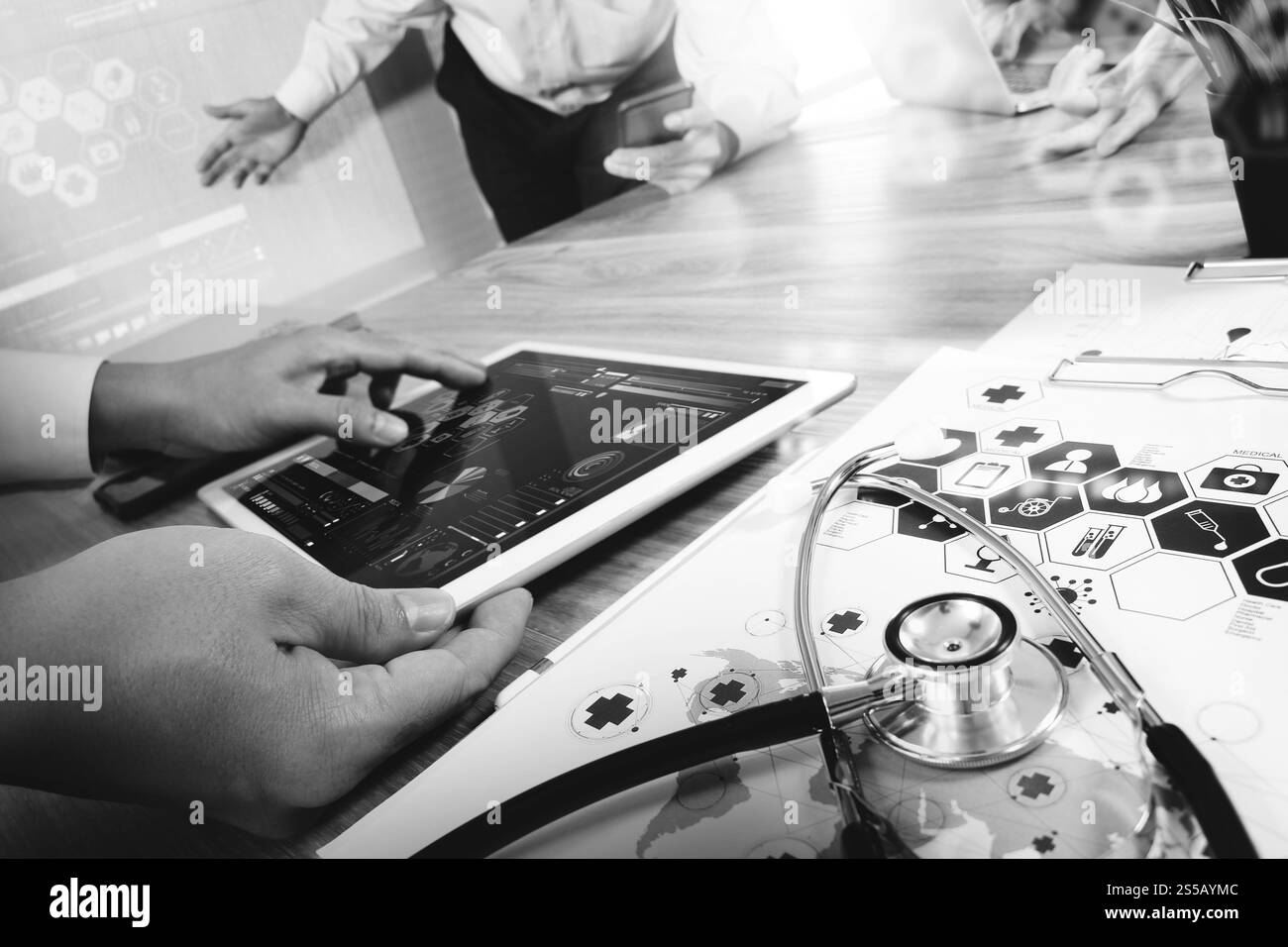 Medicine doctor hand working with modern computer and digital pro ...