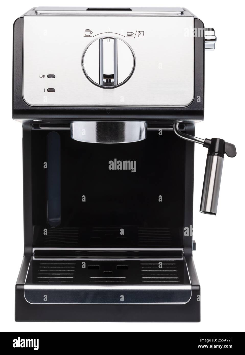 Modern stainless steel espresso machine featuring a frothing wand ...