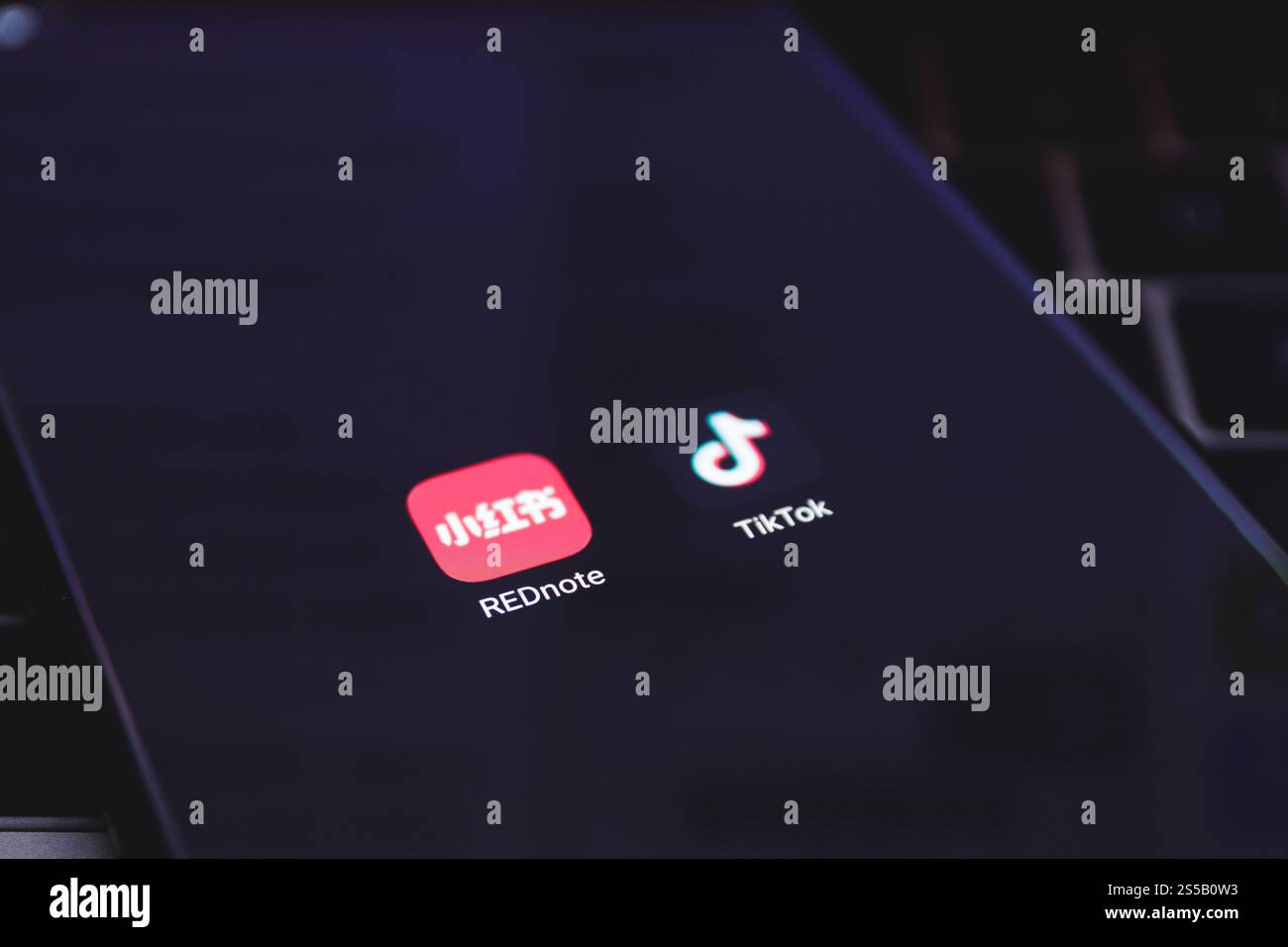 REDnote and TikTok apps on smartphone screen. Chinese social media ...