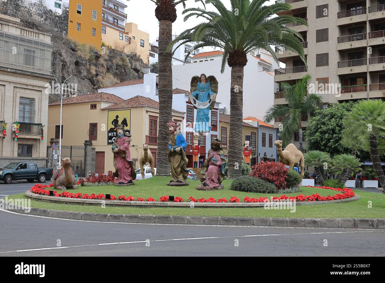 A Christmas nativity scene adorns a roundabout in the city of Santa ...